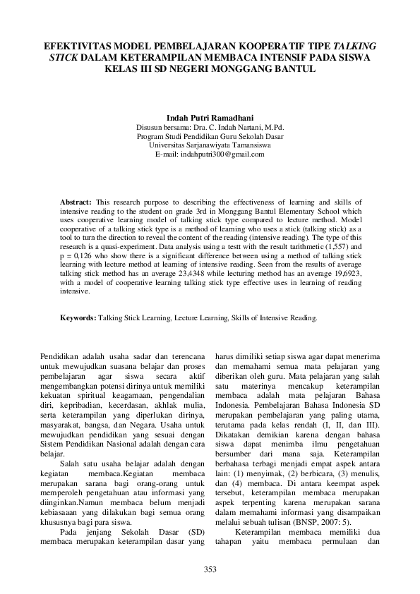 (PDF) Efektivitas Model Pembelajaran Kooperatif Tipe Talking Stick Dalam Keterampilan Membaca ...