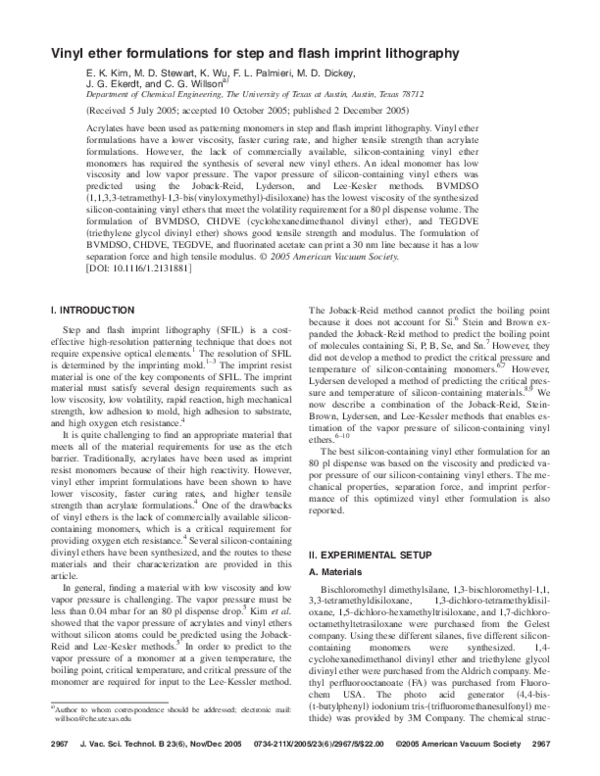 (PDF) Vinyl ether formulations for step and flash imprint lithography