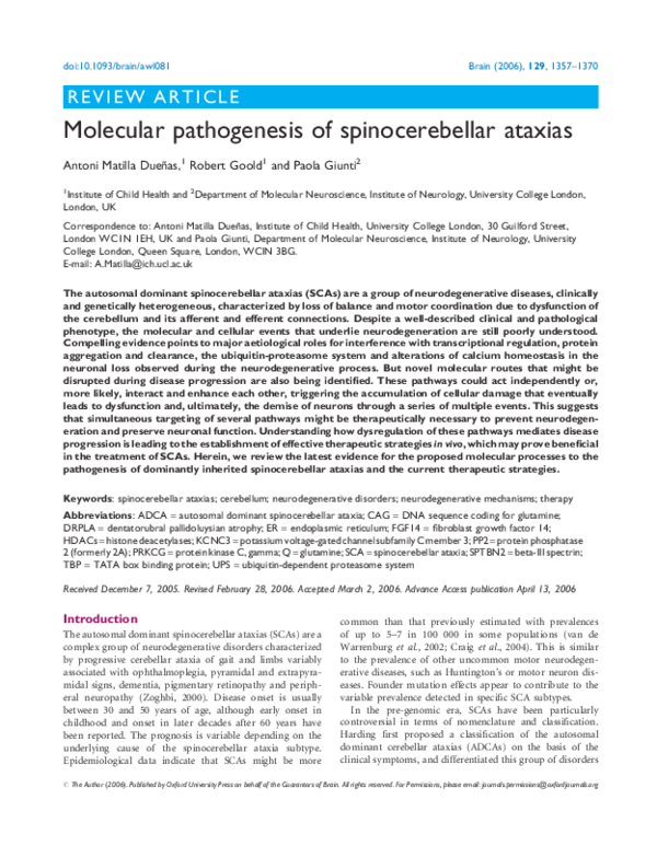 (PDF) Molecular pathogenesis of spinocerebellar ataxias | Paola Giunti - Academia.edu
