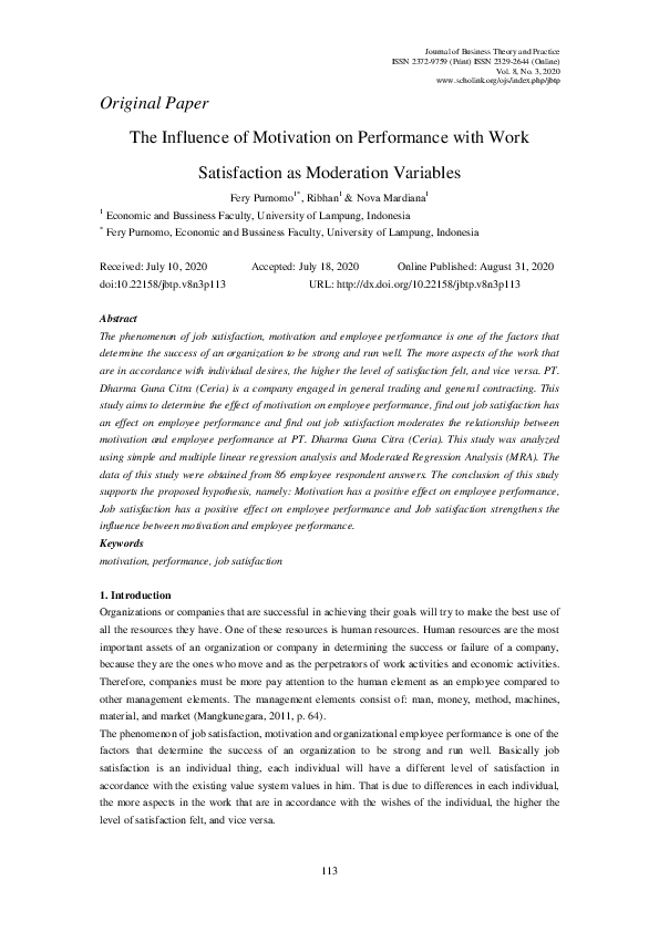 (PDF) The Influence of Motivation on Performance with Work Satisfaction ...