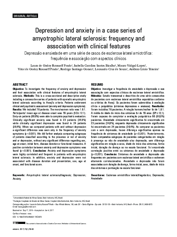 (PDF) Depression and anxiety in a case series of amyotrophic lateral sclerosis: frequency and ...