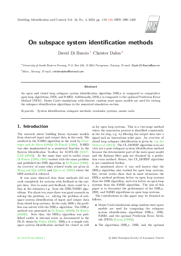 Pdf On Subspace System Identification Methods