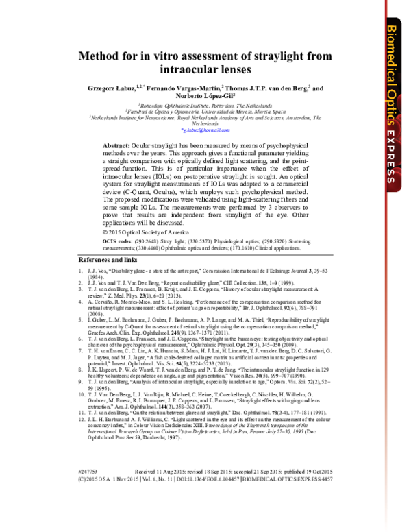 (PDF) Method for in vitro assessment of straylight from intraocular lenses