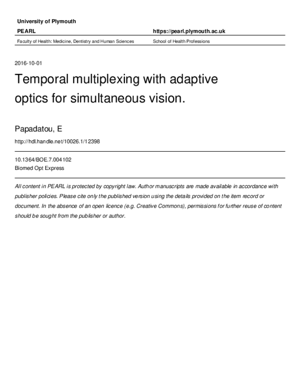 (PDF) Temporal multiplexing with adaptive optics for simultaneous vision