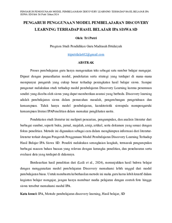 (PDF) PENGARUH PENGGUNAAN MODEL PEMBELAJARAN DISCOVERY LEARNING ...