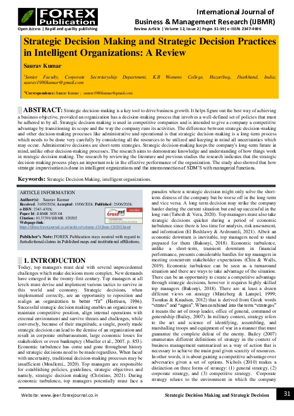 (PDF) Strategic Decision Making and Strategic Decision Practices in Intelligent Organizations: A ...