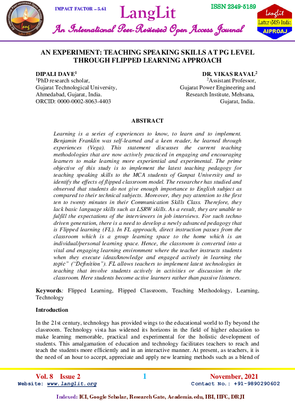 (PDF) An Experiment: Teaching Speaking Skills at PG Level Through Flipped Learning Approach
