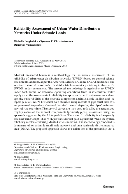 (PDF) Reliability Assessment of Urban Water Distribution Networks Under Seismic Loads