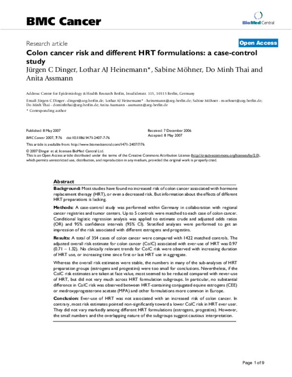 (PDF) Colon cancer risk and different HRT formulations: a case-control ...