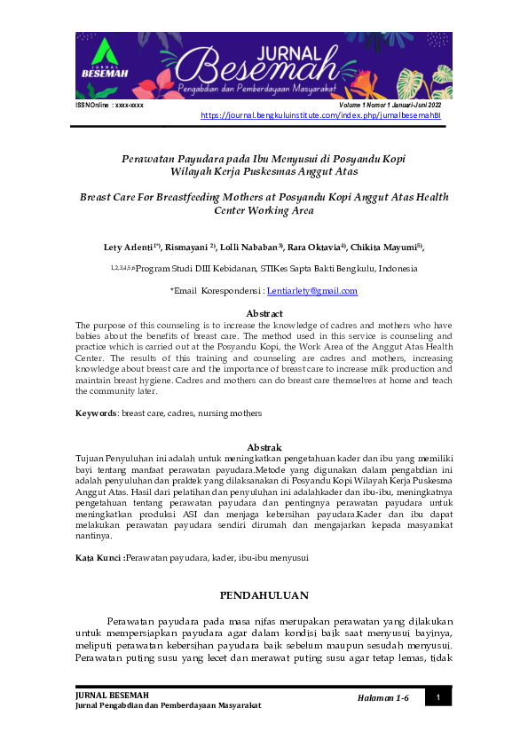 (PDF) Perawatan Payudara pada Ibu Menyusui di Posyandu Kopi Wilayah Kerja Puskesmas Anggut Atas
