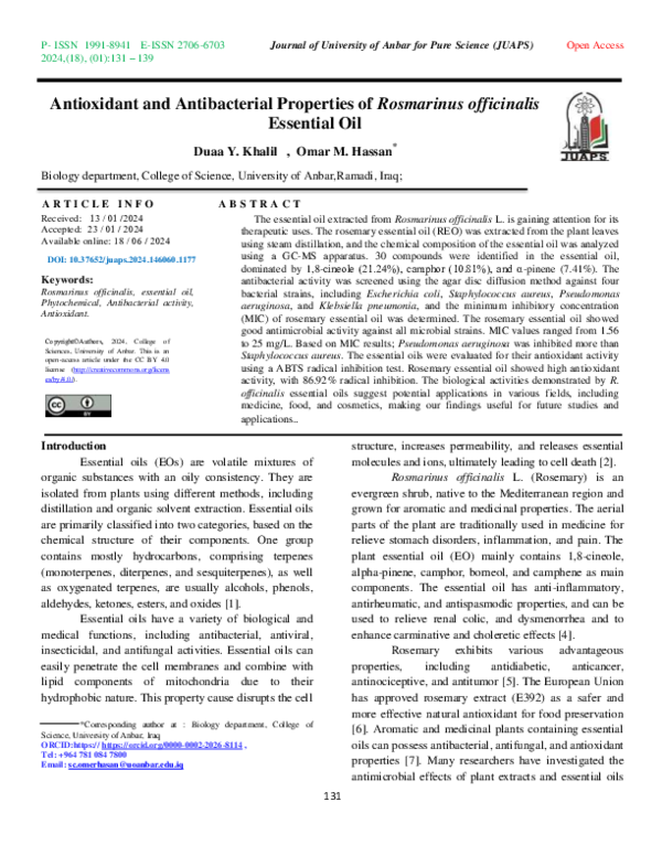 (PDF) Antioxidant and Antibacterial Properties of Rosmarinus officinalis Essential Oil