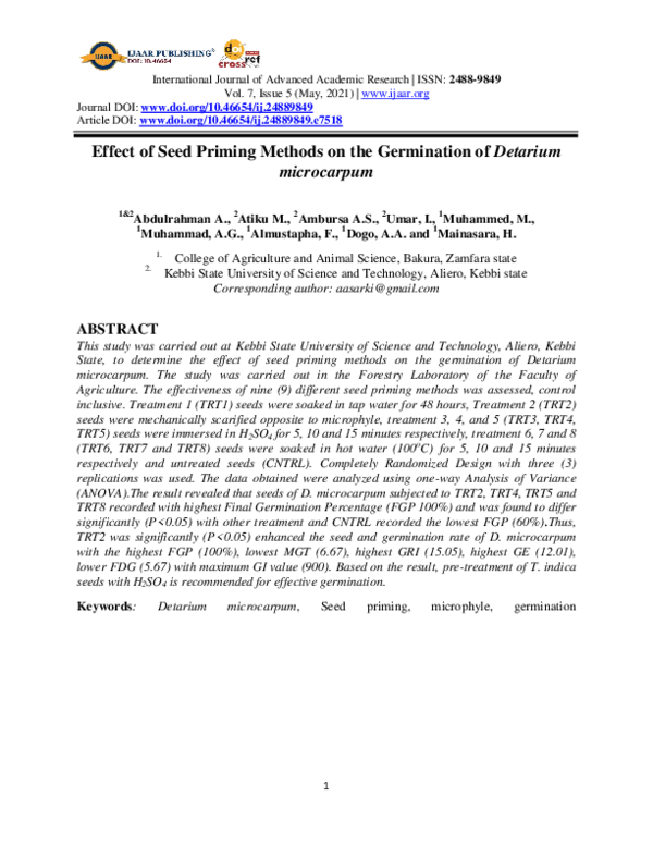 (PDF) Effect of Seed Priming Methods on the Germination of Detarium Microcarpum