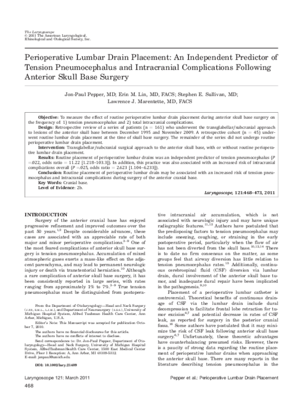 (PDF) Perioperative lumbar drain placement: An independent predictor of ...