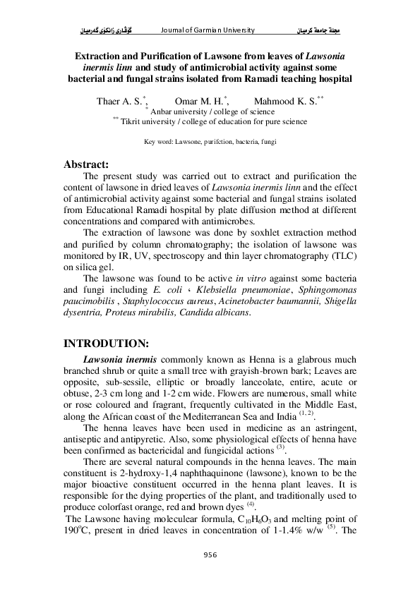 (PDF) Extraction and Purification of Lawsone from leaves of Lawsonia Vol
