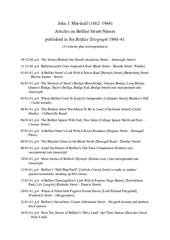 (PDF) John J Marshall - List of street-name articles, Belfast Telegraph 1940-41