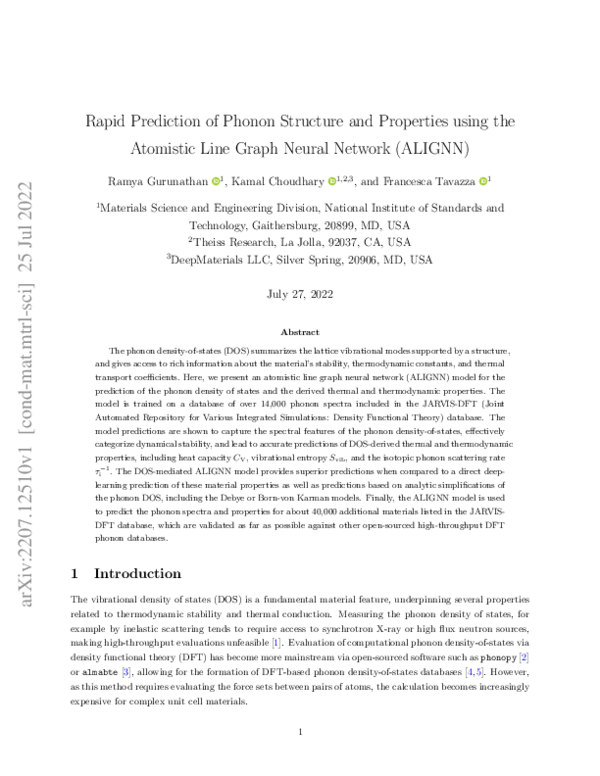(PDF) Rapid Prediction of Phonon Structure and Properties using an Atomistic Line Graph Neural ...