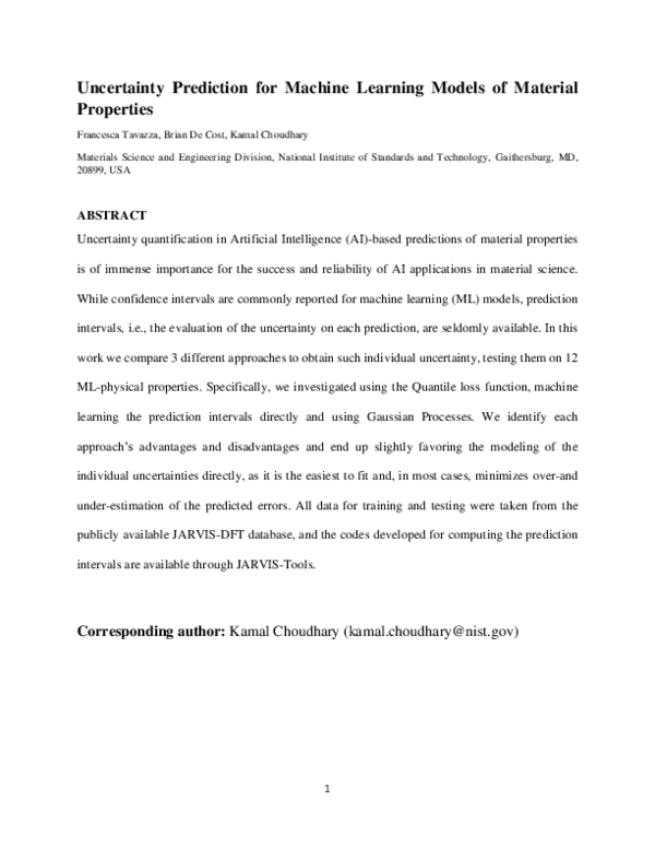 (PDF) Uncertainty Prediction for Machine Learning Models of Material Properties