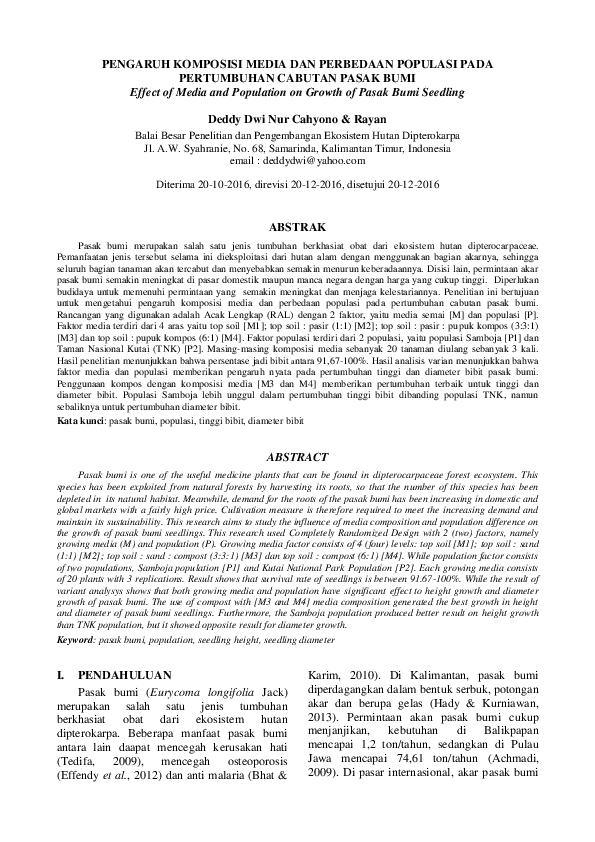 (PDF) Pengaruh Komposisi Media Dan Perbedaan Populasi Pada Pertumbuhan Cabutan Pasak Bumi ...