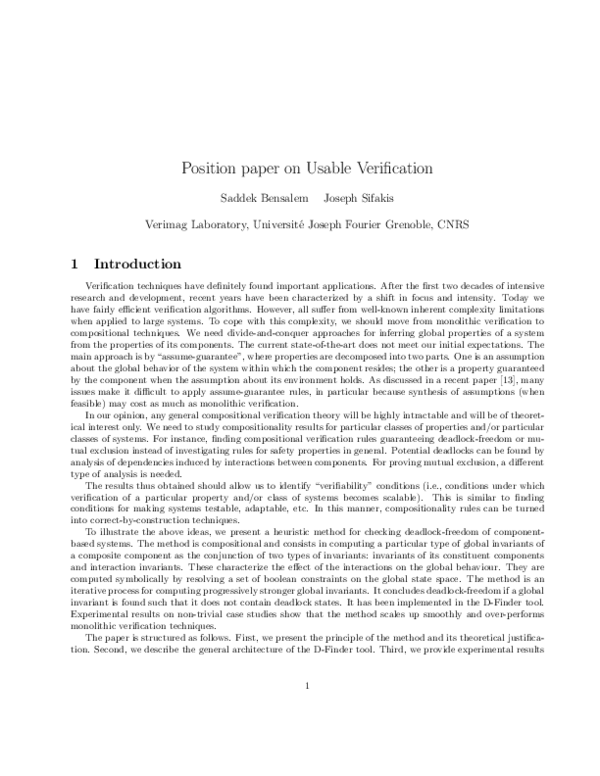 (PDF) Position paper on Usable Verification