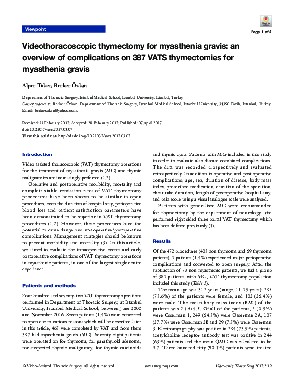 (PDF) Videothoracoscopic thymectomy for myasthenia gravis: an overview ...