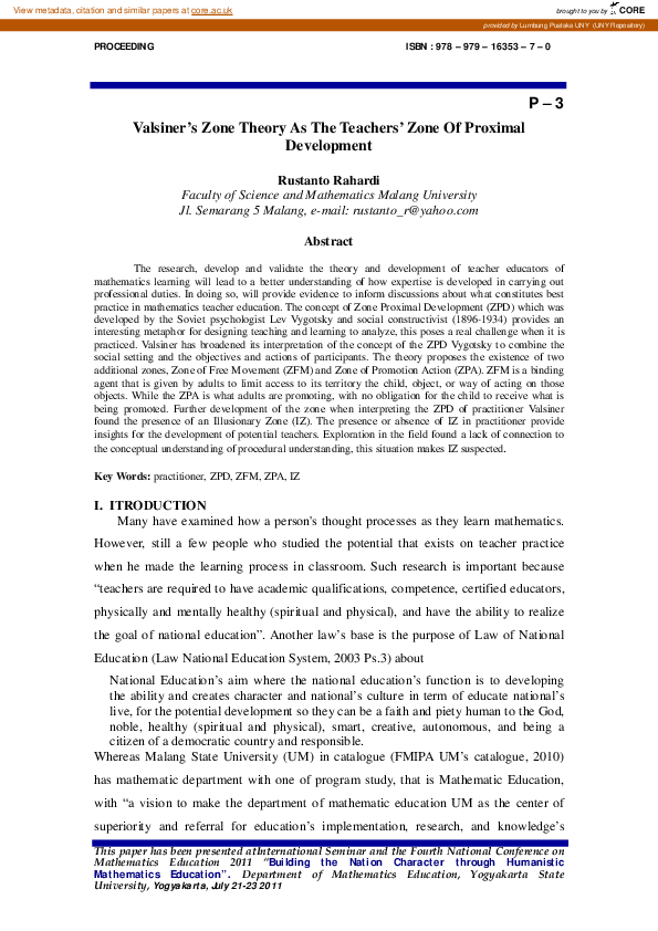 (PDF) Valsiner’s Zone Theory As The Teachers’ Zone Of Proximal Development