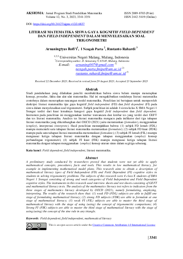 (PDF) Literasi Matematika Siswa Gaya Kognitif Field Dependent Dan Field ...