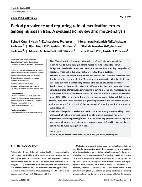 (PDF) Period prevalence and reporting rate of medication errors among nurses in Iran: A ...