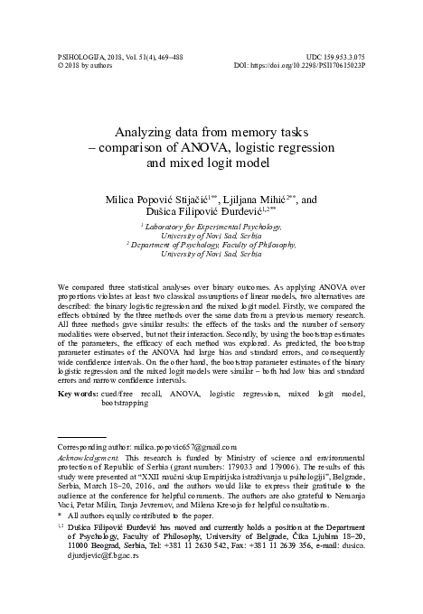 (PDF) Analyzing data from memory tasks - comparison of ANOVA, logistic ...