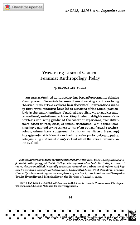 (PDF) Traversing Lines of Control: Feminist Anthropology Today