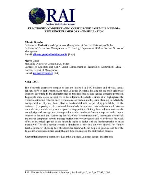 (PDF) Electronic Commerce and Logistics: The Last Mile Dilemma Reference Framework and Simulation