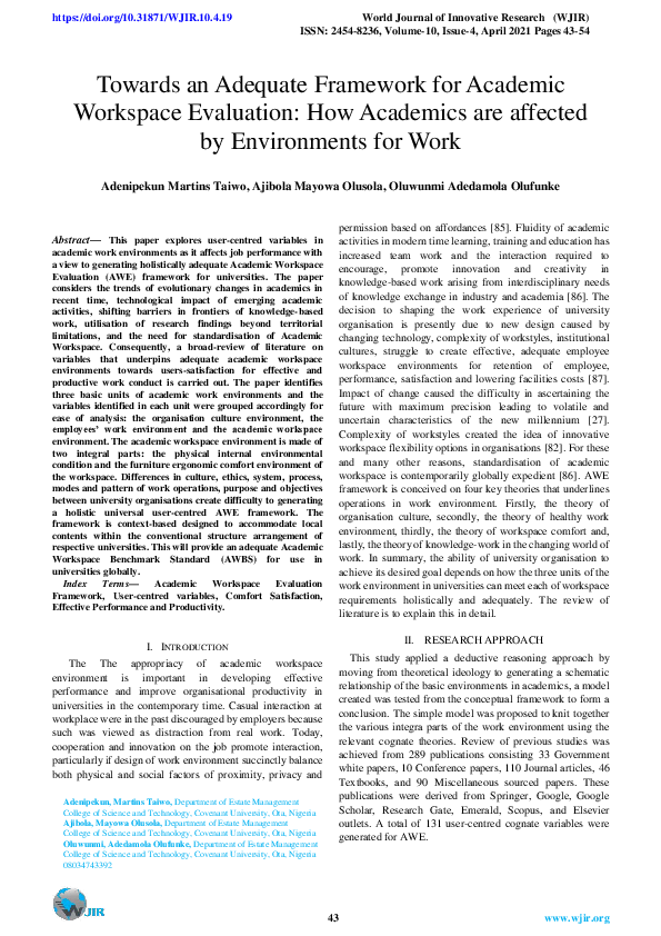 (PDF) Towards an Adequate Framework for Academic Workspace Evaluation ...
