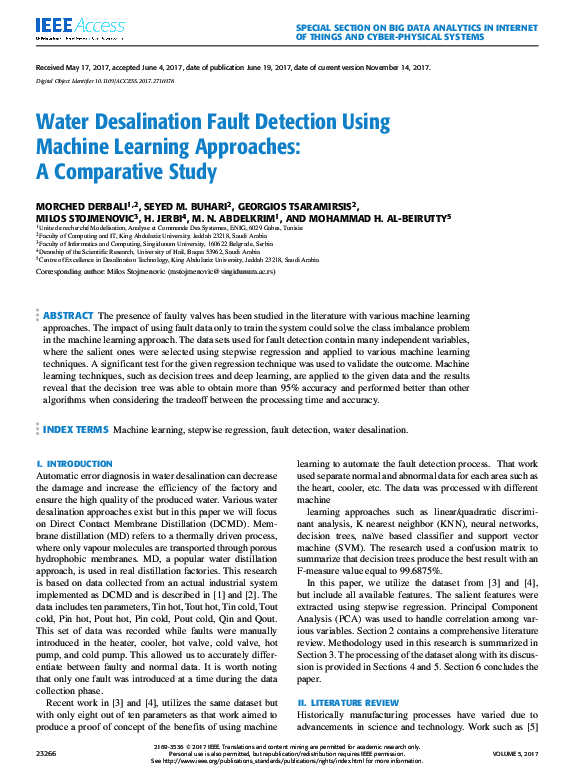 (PDF) Water Desalination Fault Detection Using Machine Learning Approaches: A Comparative Study