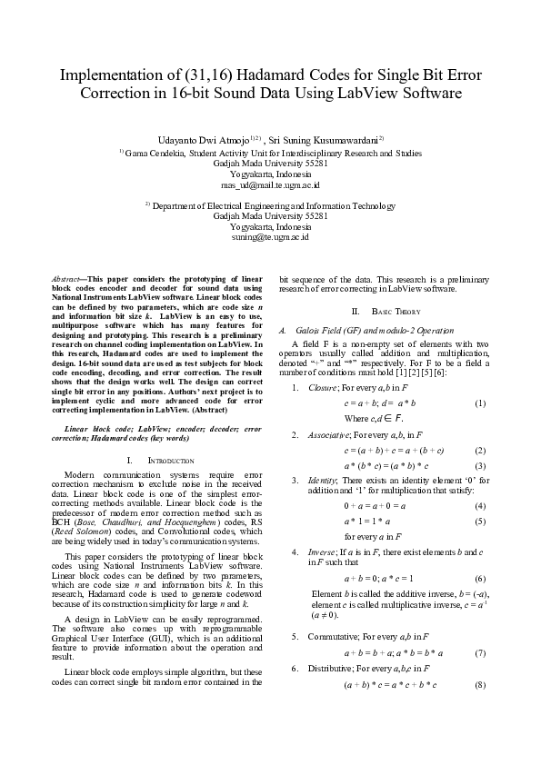 (DOC) Implementation of (31,16) Hadamard Codes for Single Bit Error Correction in 16-bit Sound ...