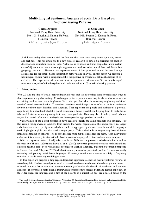 (PDF) Multi-Lingual Sentiment Analysis of Social Data Based on Emotion-Bearing Patterns