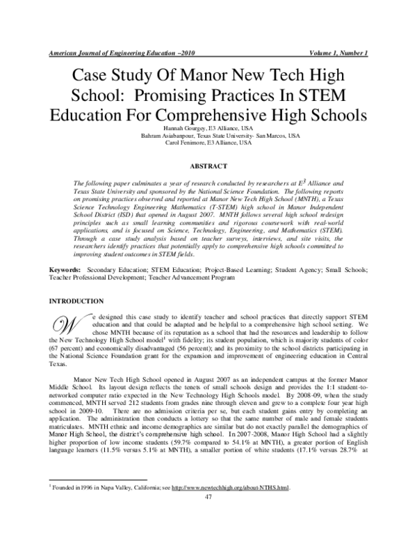 (PDF) Case Study Of Manor New Tech High School: Promising Practices In STEM Education For ...