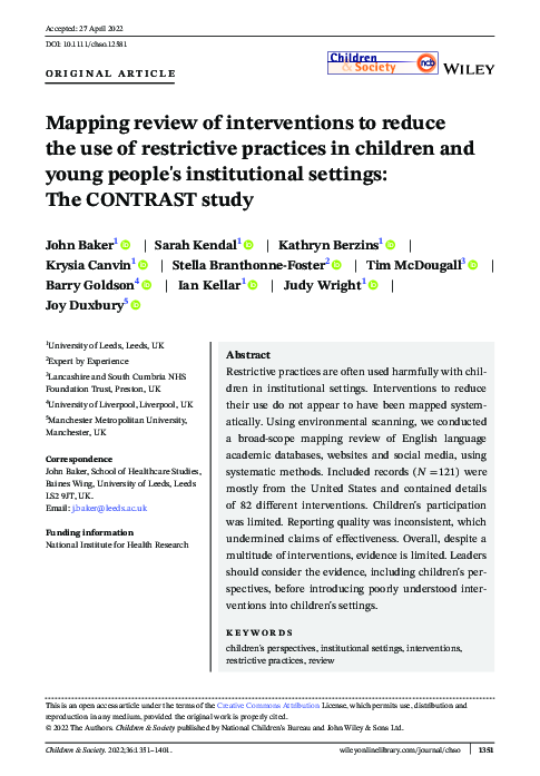 (PDF) Mapping review of interventions to reduce the use of restrictive practices in children and ...