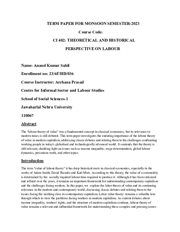 (PDF) Labour theory of value