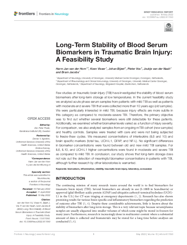 (PDF) Long-Term Stability of Blood Serum Biomarkers in Traumatic Brain ...