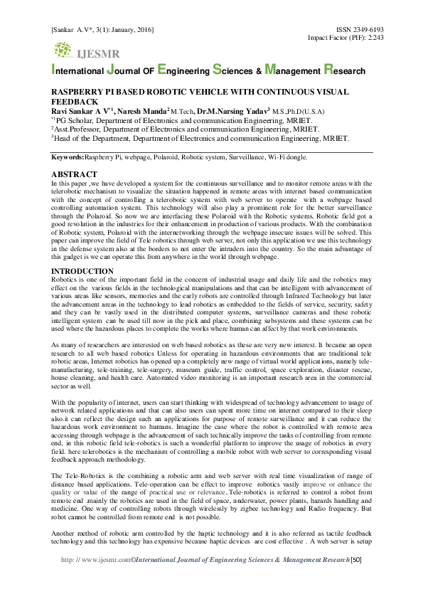 (PDF) Raspberry Pi Based Robotic Vehicle with Continuous Visual Feedback