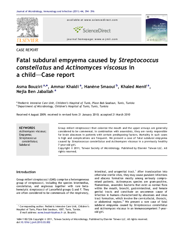 (PDF) Fatal subdural empyema caused by Streptococcus constellatus and Actinomyces viscosus in a ...