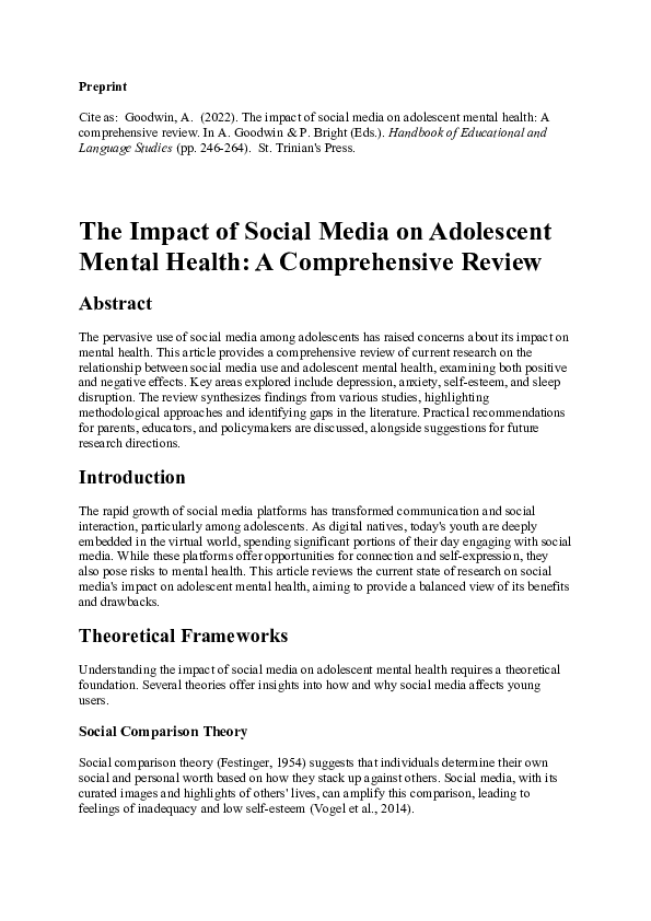 (PDF) The Impact of Social Media on Adolescent Mental Health: A ...