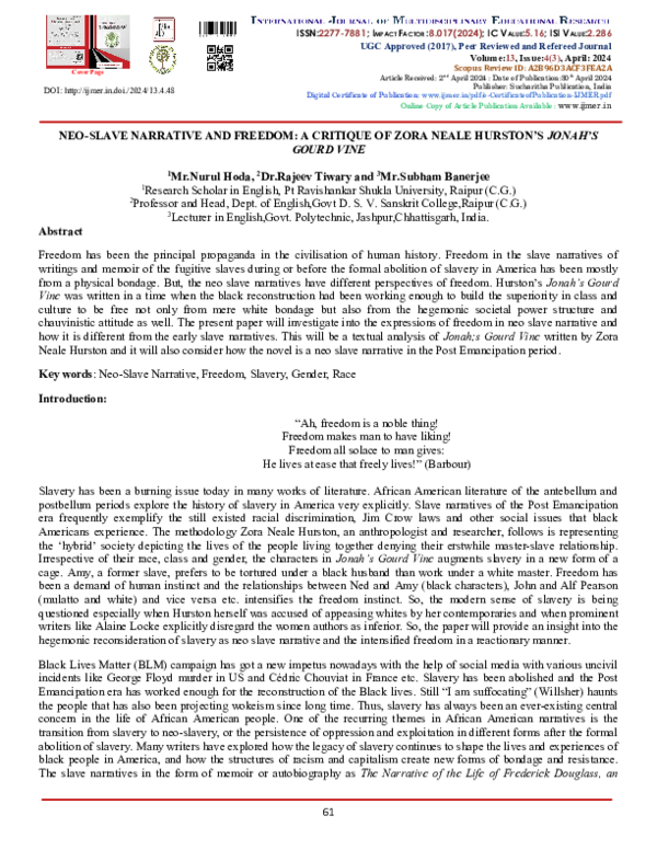 (PDF) NEO-SLAVE NARRATIVE AND FREEDOM: A CRITIQUE OF ZORA NEALE HURSTON ...