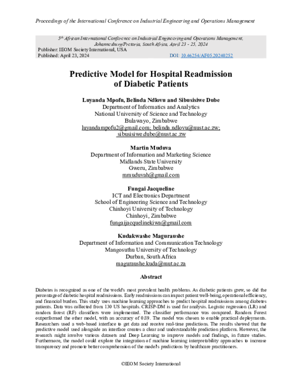 (PDF) Predictive Model for Hospital Readmission of Diabetic Patients