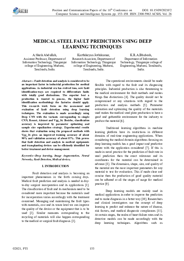 (PDF) Medical Steel Fault Prediction Using Deep Learning Techniques