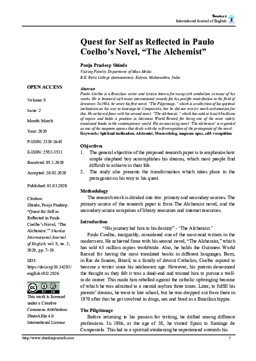 (PDF) Quest for Self as Reflected in Paulo Coelho’s Novel, “The Alchemist”