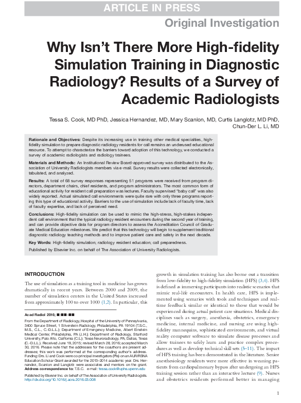 (PDF) Why Isn't There More High-fidelity Simulation Training in Diagnostic Radiology? Results of ...