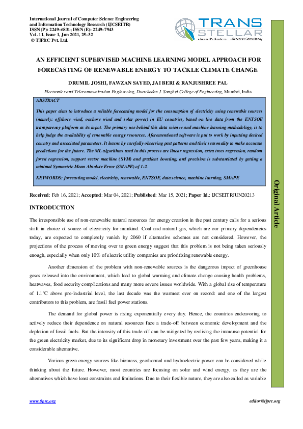 (PDF) An Efficient Supervised Machine Learning Model Approach for Forecasting of Renewable ...