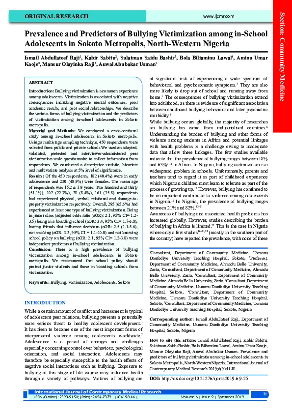 (PDF) Prevalence and Predictors of Bullying Victimization among in ...