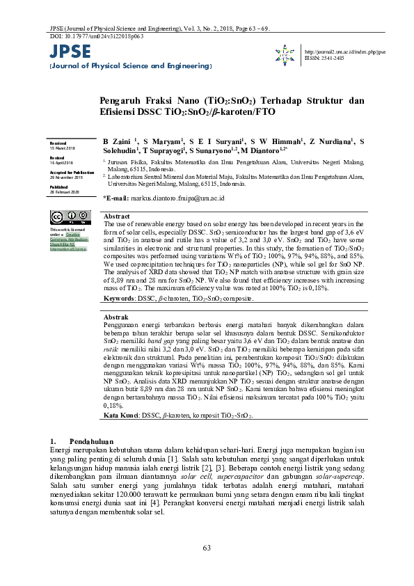 (PDF) Pengaruh Fraksi Nano (TiO2:SnO2) terhadap Struktur dan Efisiensi ...