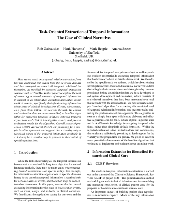 Pdf Extracting Temporal Information In Clinical Narratives
